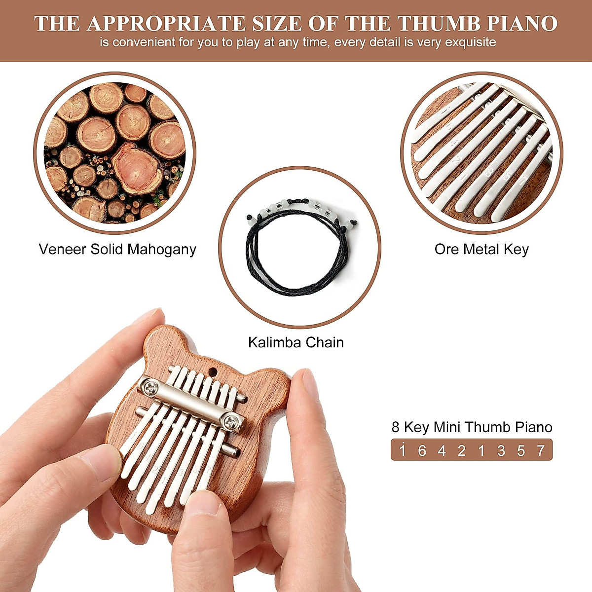 VIVP 8 Keys Mini Kalimba Thumb Piano Solid Wood Finger Piano Portable Marimba Musical Handmade Instruments Professional Mbira with Lanyard Good Accessory Pendant Gift Easy to Learn Christmas Gifts