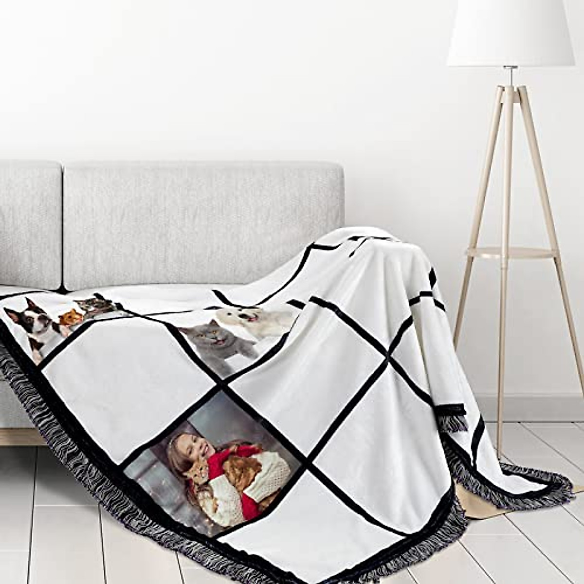 Sublimation Blanket Personalized Sublimation Throw Blanket 60 x 40 Inches with 20 Printable Panels Baby Printed Blanket Flannel Fleece Blanket with Tassels for Heat Press Home Sofa Bedroom