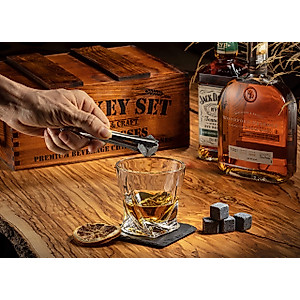 Mixology Whiskey Gift Set, Whiskey Glass Set with Rustic Wooden Crate, 8 Granite Whiskey Rocks Chilling Stones, 10oz Whiskey Glasses, Gift for Men, Dad, Husband, Boyfriend - Jameson Brown