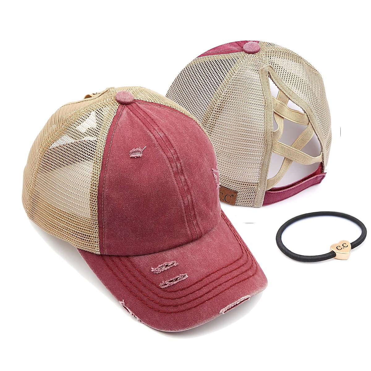 C.C Exclusives Washed Distressed Cotton Denim Criss-Cross Ponytail Hat Baseball Cap Bundle Hair Tie (BT-780)(BT-791) (A Elastic Band-Berry)