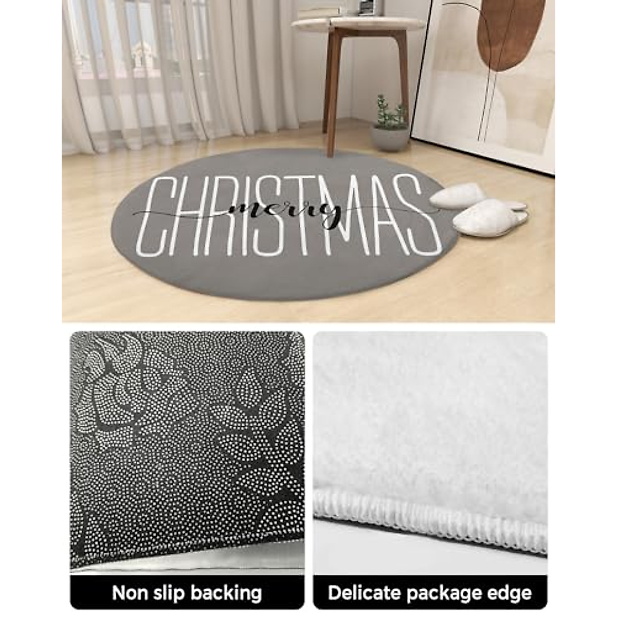 Merry Christmas Fluffy Round Area Rug Carpets 4ft, Plush Shaggy Carpet Soft Circular Rugs, Non-Slip Fuzzy Accent Floor Mat for Living Room Bedroom Nursery Home Decor Grey Xmas Winter Holiday