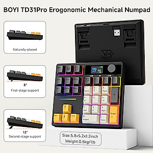 BOYI TD31Pro Mechanical Number Pad,Bluetooth5.0/2.4G/Type-C Wireless Numeric Keypad,RGB HotSwap Numpad with Screen&Knob,PBT Keycaps Rechargeable Gasket Number keypad for PC Laptop Desktop(Black-Grey)