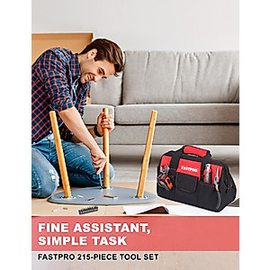 FASTPRO 215-Piece Home Repairing Tool Set with 12-Inch Wide Mouth Open Storage Bag,Household Hand Tool Kit,Red