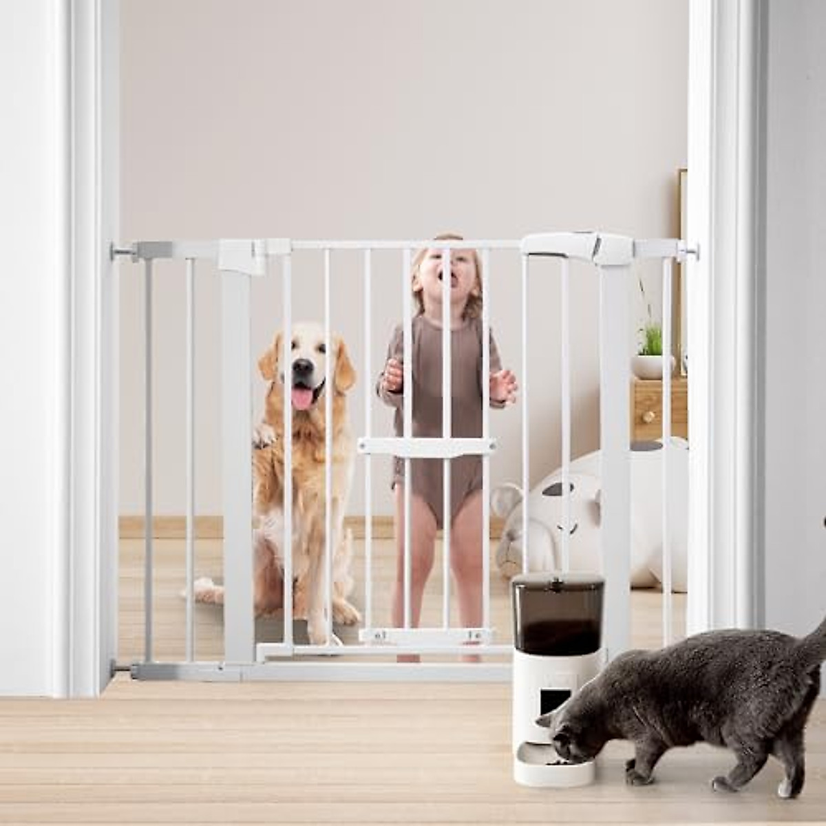 Tiovo Baby Gate with Cat Door Adjustable, 29"-41" Auto Close Safety Dog Gate for Stairs, Doorway, House, Kitchen, Pressure Mounted & Dual-Lock Design Sturdy Pet Gate Pet Supplies, White