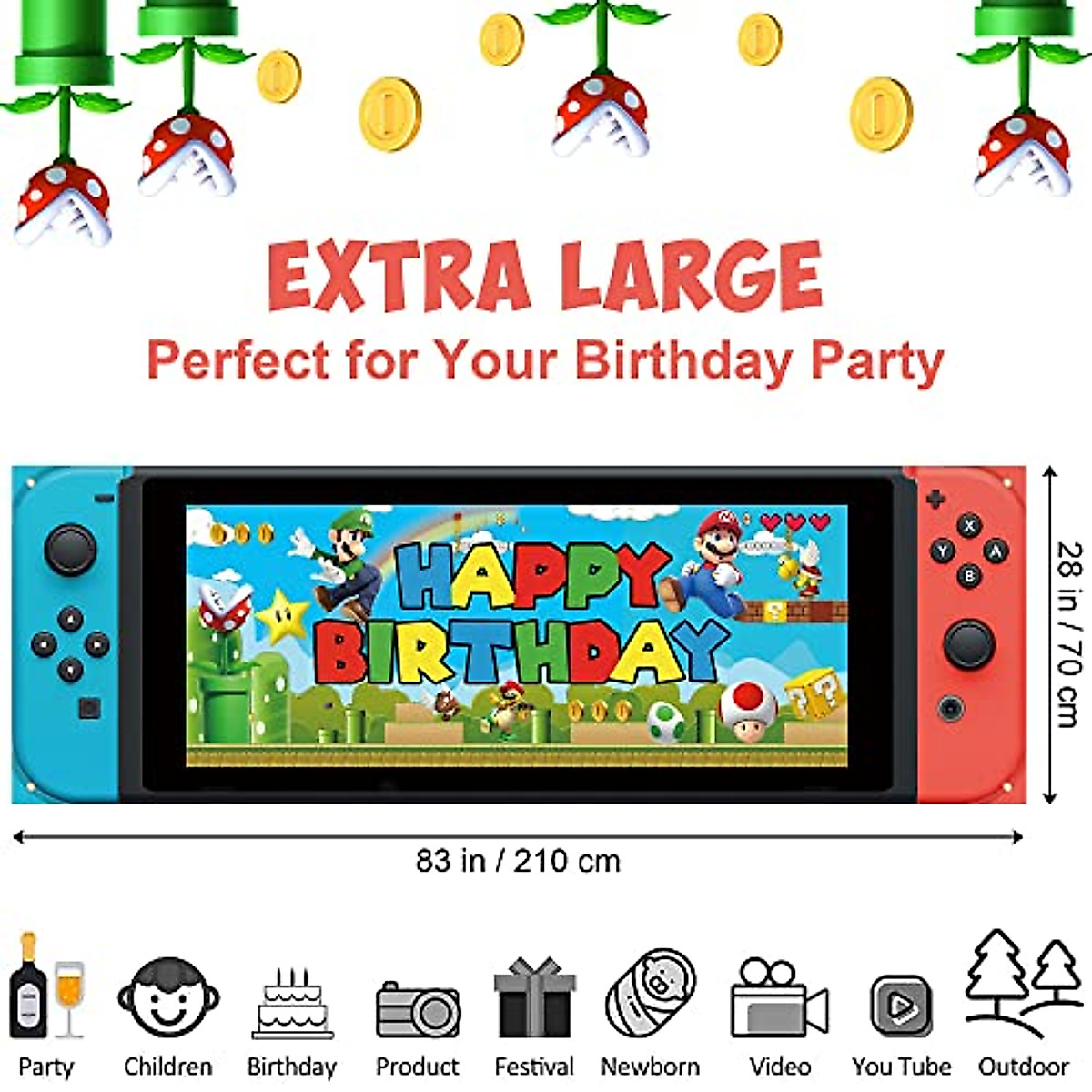 Ma-ri0 Brother Backdrop, Super Brother Birthday Party Supplies Decorations, Super Ma-ri0 Themed Bros Photography Poster Backdrop, Gold Coin Video Hot Game Banner 83x28 inch