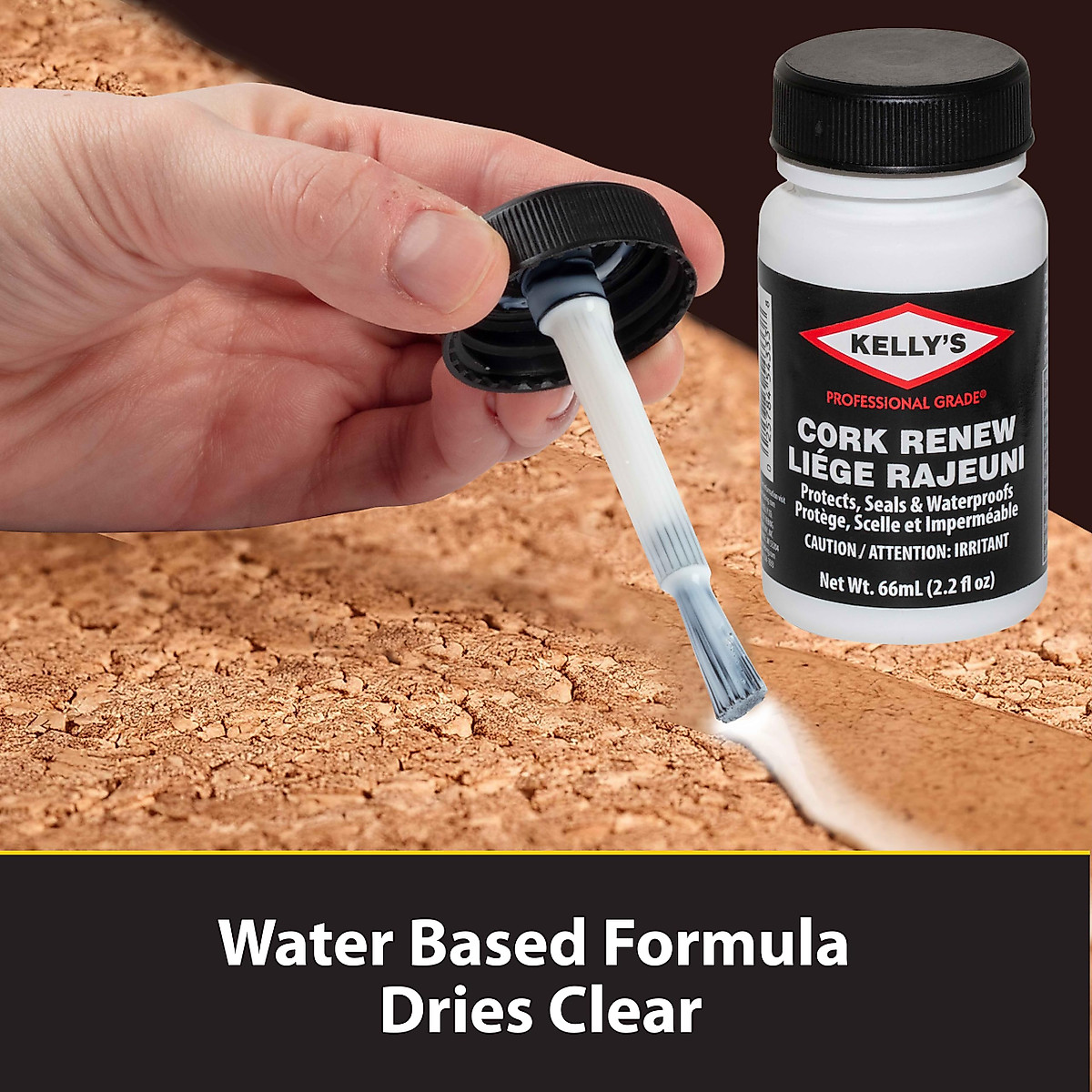 Kelly's Cork Renew Sealer (2.2 fl oz) - Waterproof & Protect Cork Surfaces w/ Brush Applicator - Water Based Formula Dries Clear, Prevents Drying & Breaking Down of Sandles, Shoes, Fishing Rod, Coasters