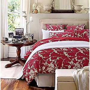 Brandream King Size Duvet Cover Set Japanese Oriental Style Cherry Floral Red Blossom Flower Branches Print Chinoiserie Bedding Pillowcases Set 800TC Egyptian Cotton Sateen Botanical Tree 3 Piece