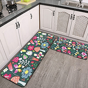 Mushroom Decor Kitchen Mats Set of 2 Home Decor Rug Cute Flowers Mushrooms Floor Rug Anti-Fatigue Rugs Waterproof Non-Skid for Farmhouse Kitchen Room Sinks Laundry Decor Vintage 17"x 47"+17"x 24"