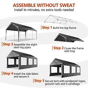 10 * 20 Heavy Duty Carport Canopy, PioneerWorks Portable Car Tent Garage with 6 Roll-up Windows and All-Season Tarp Cover, Metal Roof & 4 Sandbags for Car, SUV, Truck & Boat, Grey