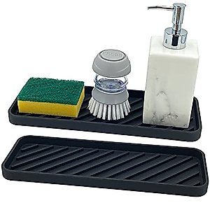 Lenphsco Silicone Kitchen Sink Organizer Tray Extended(12" x 4") Sponge Holder for Kitchen Sink, Bathroom Soap Dispenser Tray (2 Pack, Black)