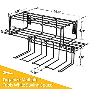Yecaye 3 Layers Heavy Duty Drill Holder Wall Mount, 4 Slots Power Tool Storage Rack with Screwdriver Holder, Compact Metal Electric Tool Organizer Shelf, Black
