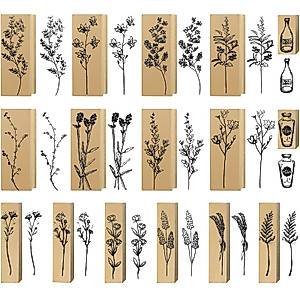 16 Pieces Vintage Wood Rubber Stamps Flower and Plant Decorative Rubber Stamp Wooden Mounted Stamp Set for DIY Crafting, Scrapbook, Painting, Letters Diary, Teaching and Card Making