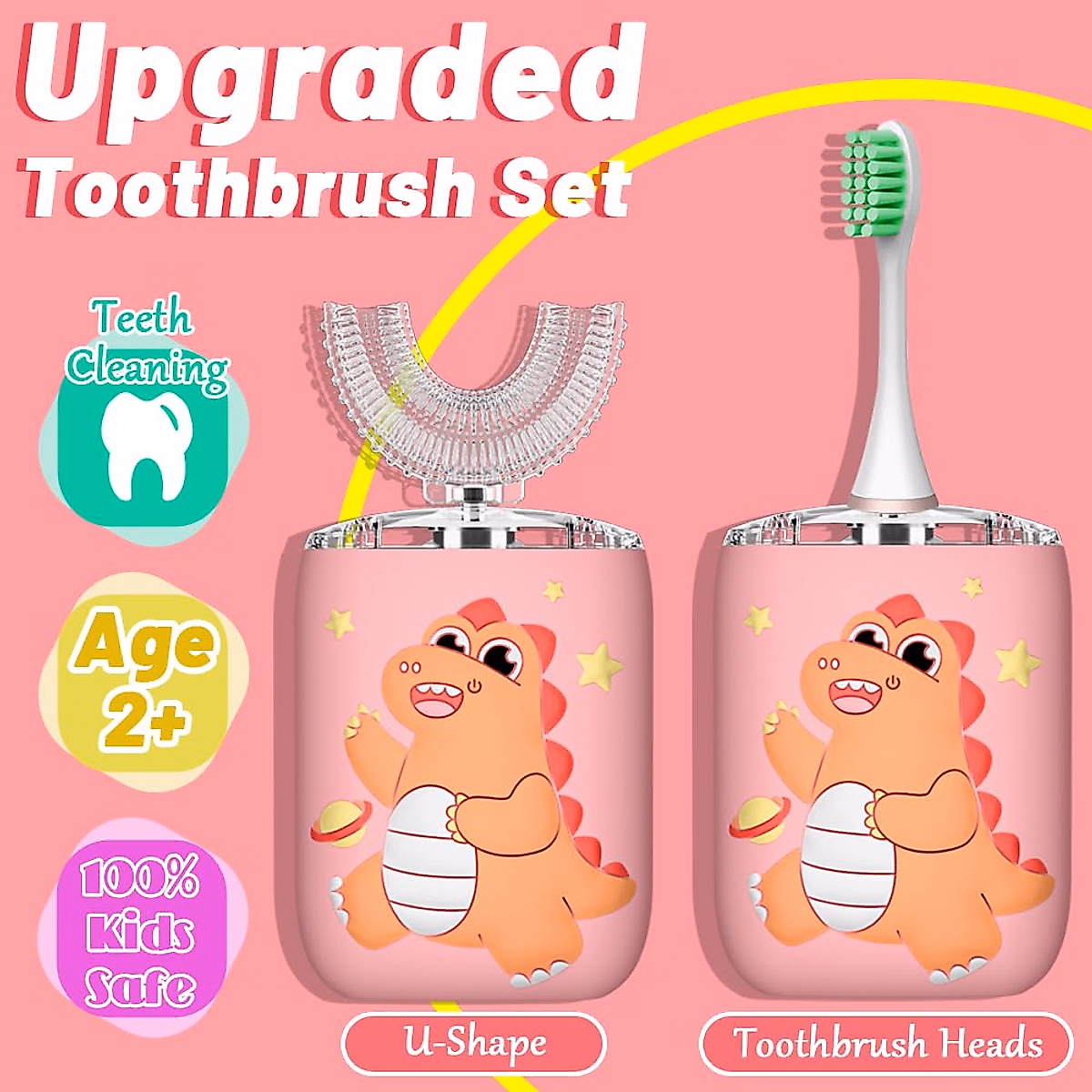 Kids Electric Toothbrush U Shaped Ultrasonic Automatic Brush with 2 Brush Head 6 Sonic Clean Modes IPX7 Waterproof Unicorn Design Whole Mouth Rechargeable Smart Timer Toothbrushes for Children 2-6