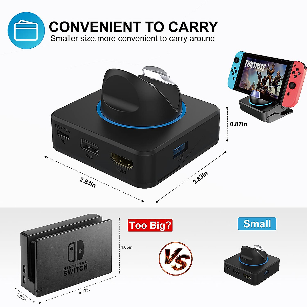 Kkf Switch Dock, 4K HDMI Nintendo Switch Docking Station for TV/Switch OLED，Portable Nintendo Switch TV Adapter Charging Dock with USB 3.0 2.0- Requires More Than 35W Charging No Cables (Black -1)