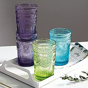 Kingrol 6 Pack 12 oz Vintage Drinking Glasses, Embossed Romantic Water Glassware, Glass Tumbler Set for Juice, Beverages, Beer, Cocktail (Green)