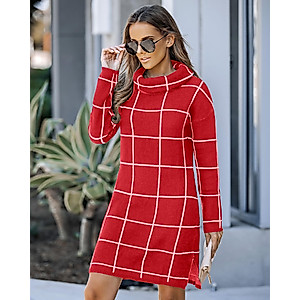 luvamia Women's Casual Turtleneck Knitted Sweater Long Sleeves Grid Warm Comfy Pullover Sweater Dress Womens Long Sleeve Dresses Christmas Dresses for Women Luscious Red Size Medium Size 8 Size 10