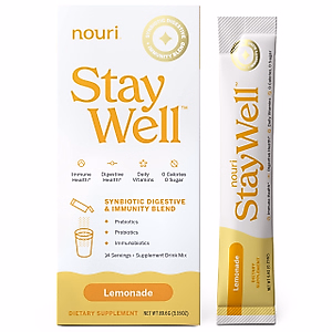 Nouri StayWell Lemonade Synbiotic Digestive + Immunity Blend, Prebiotics and Probiotics, Powder Stick Pack for Digestive and Immune Health, 0 Calories, 0 Sugar - 14-Count (Lemonade)