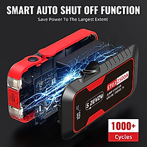 S ZEVZO ET03 Car Jump Starter 2500A Jump Starter Battery Pack for Up to 8.0L Gas and 7.0L Diesel Engines, 74Wh Portable 12V Jump Box with USB Ports, LCD Display, Storage Case, and LED Light