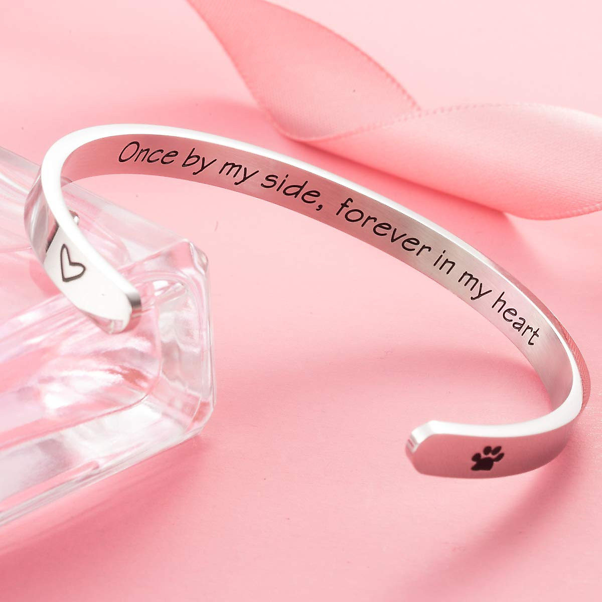 Raysunfook Once by My Side Forever in My Heart Pet Sympathy Gift Bracelet Pet Remembrance Jewelry Dog Memorial Cuff Loss of Pet Gifts (Bangle - Once by my side, forever in my heart)