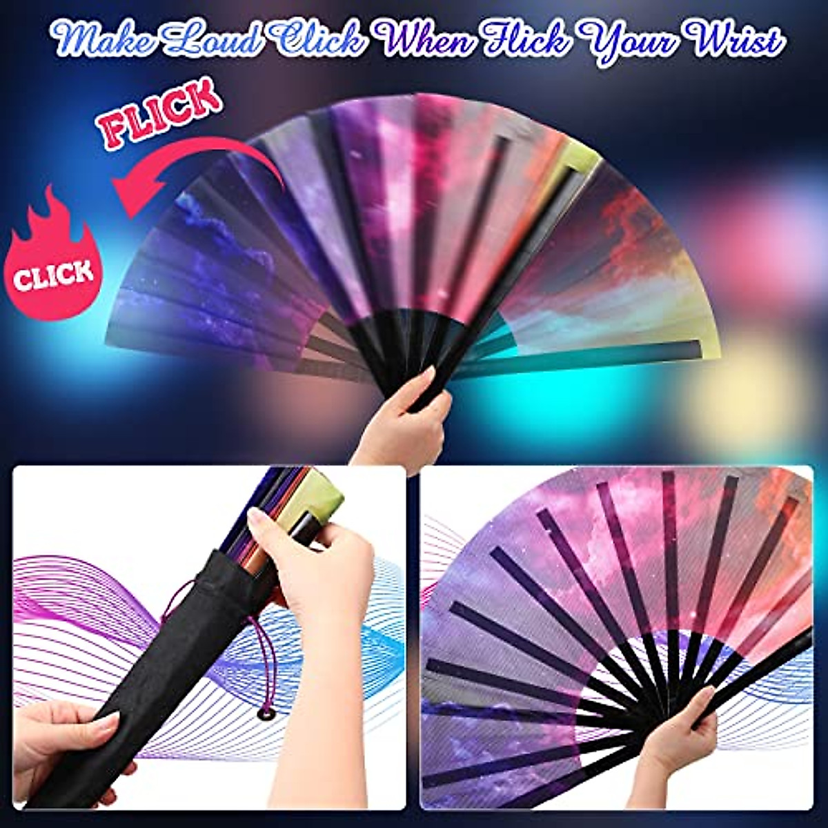 4 Pieces Rave Hand Fan Large Folding Fans Craft Hand Fans for Women Holographic Rainbow Hand Fan Performance Hand Fan with Bamboo Ribs Nylon Cloth Folding Dance Fan with Chinese Style Fan Bags Present