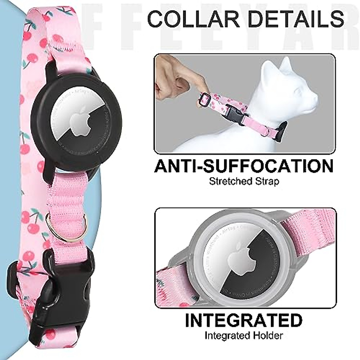 Upgraded AirTag Cat Collar, FEEYAR Integrated GPS Cat Collar with Apple Air Tag Holder and Bell [Pink], Safety Elastic Band Tracker Cat Collars for Girl Boy Cats, Kittens and Puppies 9-13 Inch