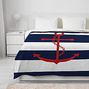 Flannel Fleece Bed Blanket Soft Throw-blankets Home Decor,Nautical Red Anchor Navy Blue and White Horizontal Stripes,Lightweight Cozy Plush Blankets for Bedroom Living Room Sofa Couch,49 x 59 Inch