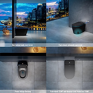 BONSAM Modern Black Smart Toilet with Automatic Open/Close Lid, One Piece Tankless Toilet with Bidet Built In, Heated Seat, Rear Wash, Front Wash, Warm Air Drying, Auto Flushing, Remote Control