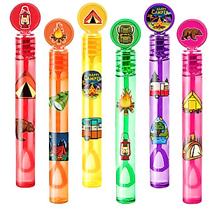 24PCS Camping DIY Bubble Wands Party Favors 96PCS Stickers for Goodie Bag Fillers Pinata Stuffers, Mini Bubble Bulk Happy Camper Birthday Party Supplies Toys Gifts Class Prizes for Toddlers Boys Girls