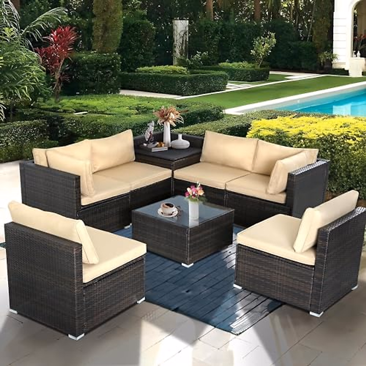 IJIALIFE 8 Pieces Patio Furniture Set, All-Weather Sectional Sofa PE Rattan Wicker Patio Outdoor Conversation Set with Thickened Cushions and Coffee Table (Brown Wicker/Khaki Cushion)