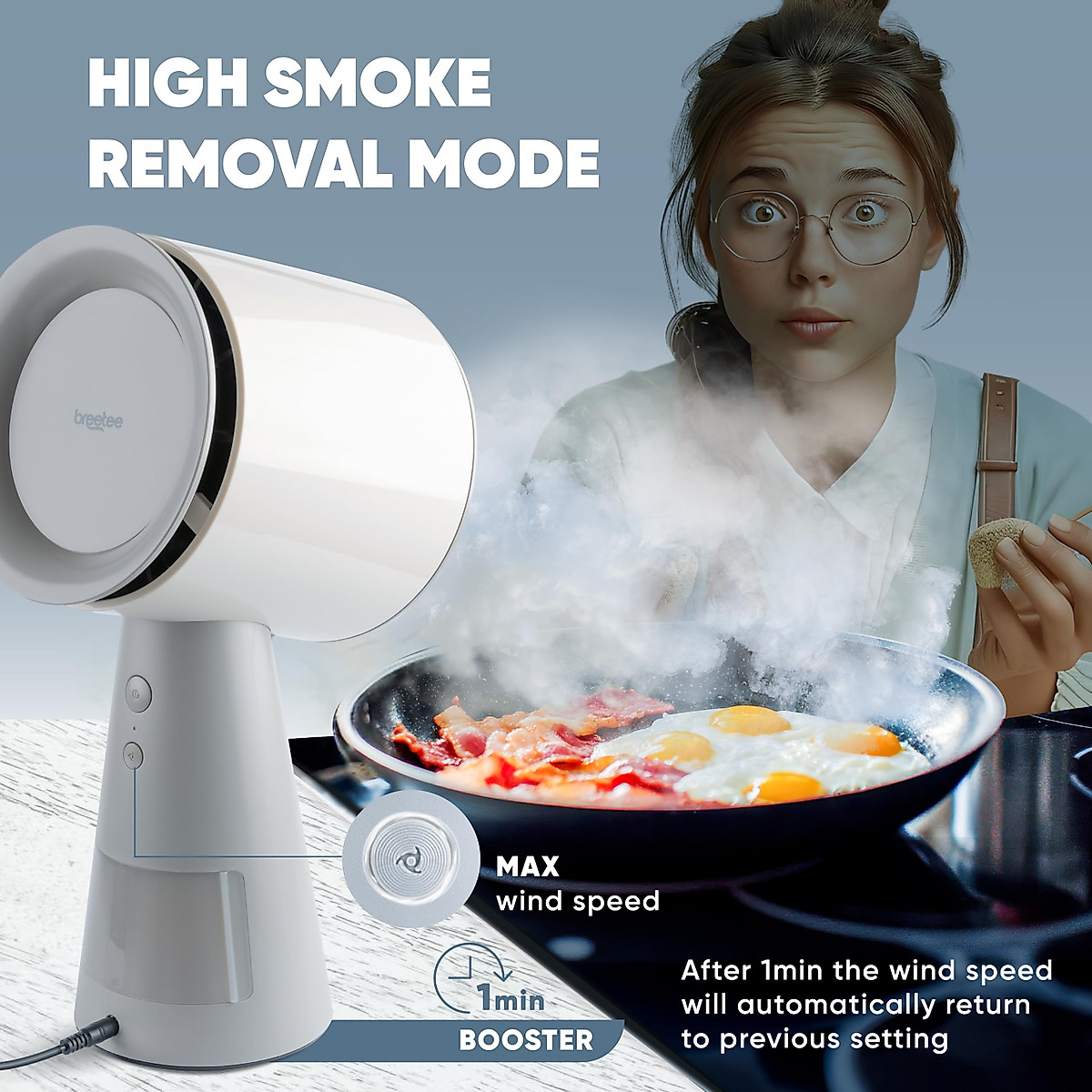 Breetee Portable Range Hood Kitchen - Powerful 3-Speed Suction Desktop Compact Range Hood with 2 Double Filter - Original Low Noise Kitchen Exhaust Fan with 2 Carbon Filters, Large Oil Collection Cup