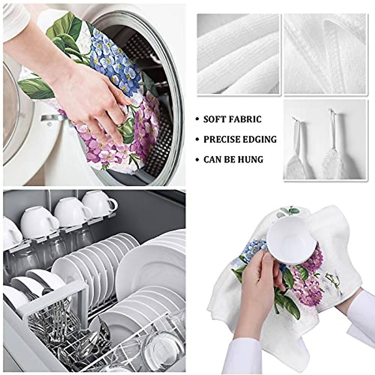 Savannan Dish Cloths for Kitchen, Watercolor Blue and Purple Hydrangea Flower Bloosom Painting White,Super Soft and Absorbent,Reusable Polyester Towels for Home,Kitchen,18"x28", 1 Pack