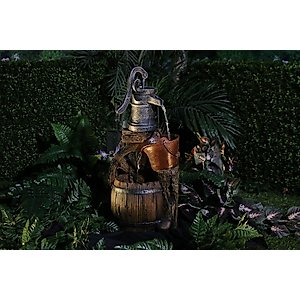 Alpine WCT688 Old Fashion Pump Barrel Rustic Fountain, 12"L x 9"W x 24"H, Brown and Grey