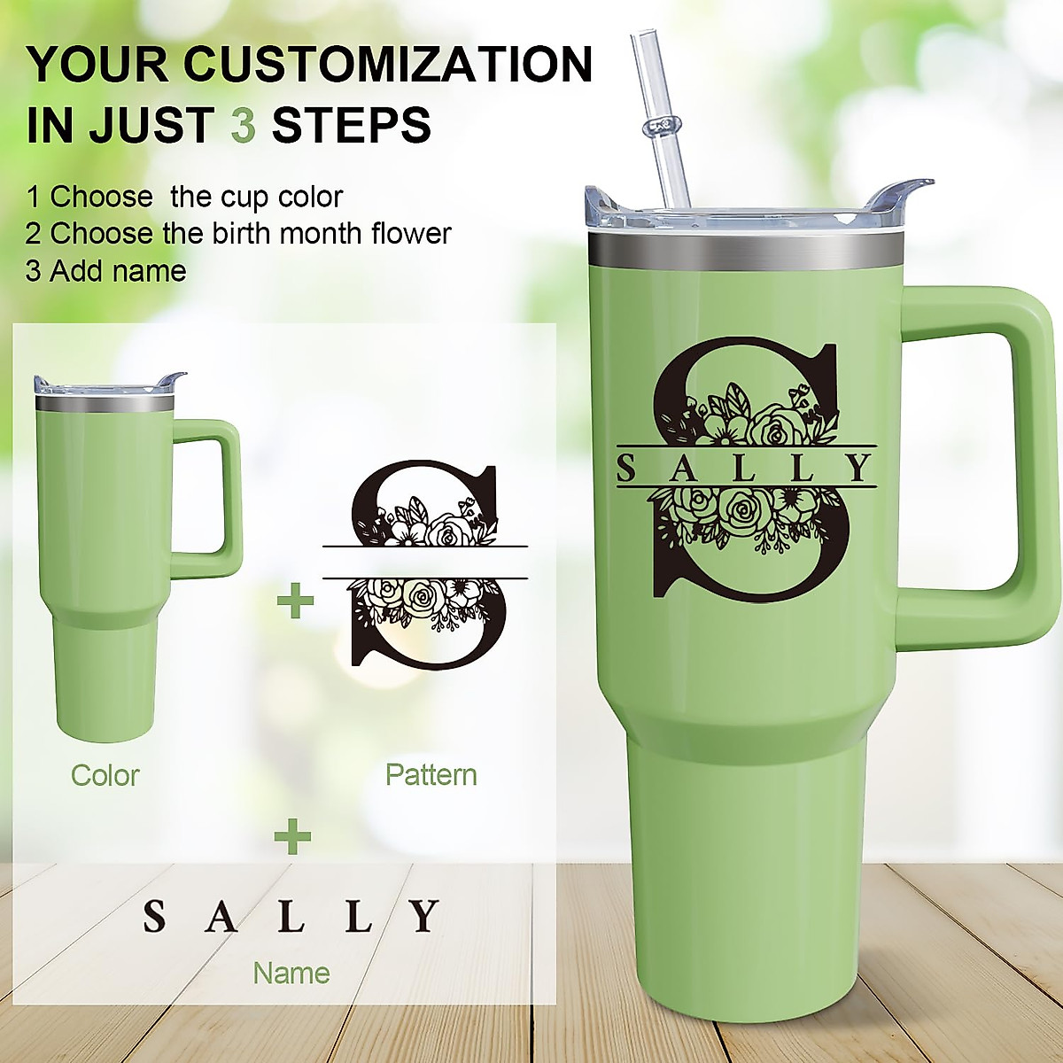 Personalized Gifts 40 Oz Tumbler with Handle and Straw Lid, with Initials Stainless Steel Vacuum Insulated Cup, Custom Water Bottle Travel Mug, Customized Monogram Gift for Women Men