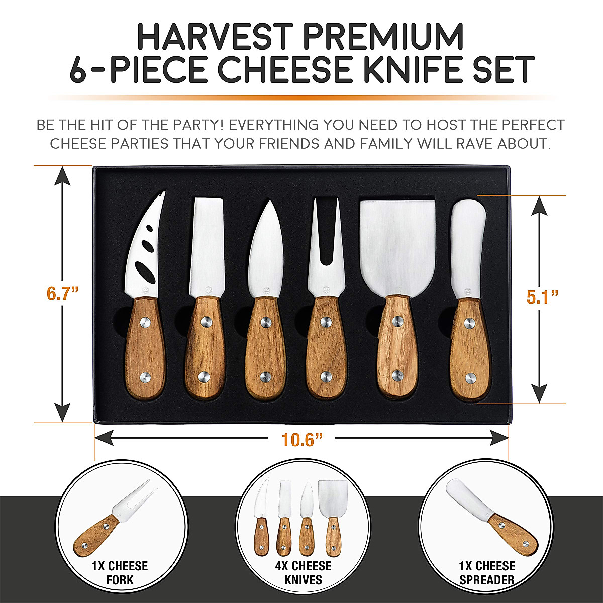 Harvest 6-Piece Cheese Knife Set (Gift-Ready) - Premium Stainless Steel Cheese Knives with Rivets, Full Tang Blades and Teak Wood Handle Charcuterie Board Accessories w/ 15 Festive Recipes