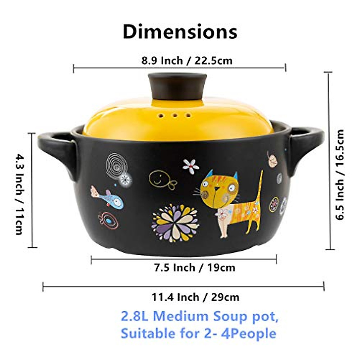 AHUONEL Ceramic Stockpot Clay Cooking Pot Cookware Stovetop, Cartoon Pattern Stew Pot Hot Pot Clay Pots Soup Pot Casserole Cooking Pot 2.6 Quart Yellow Cat