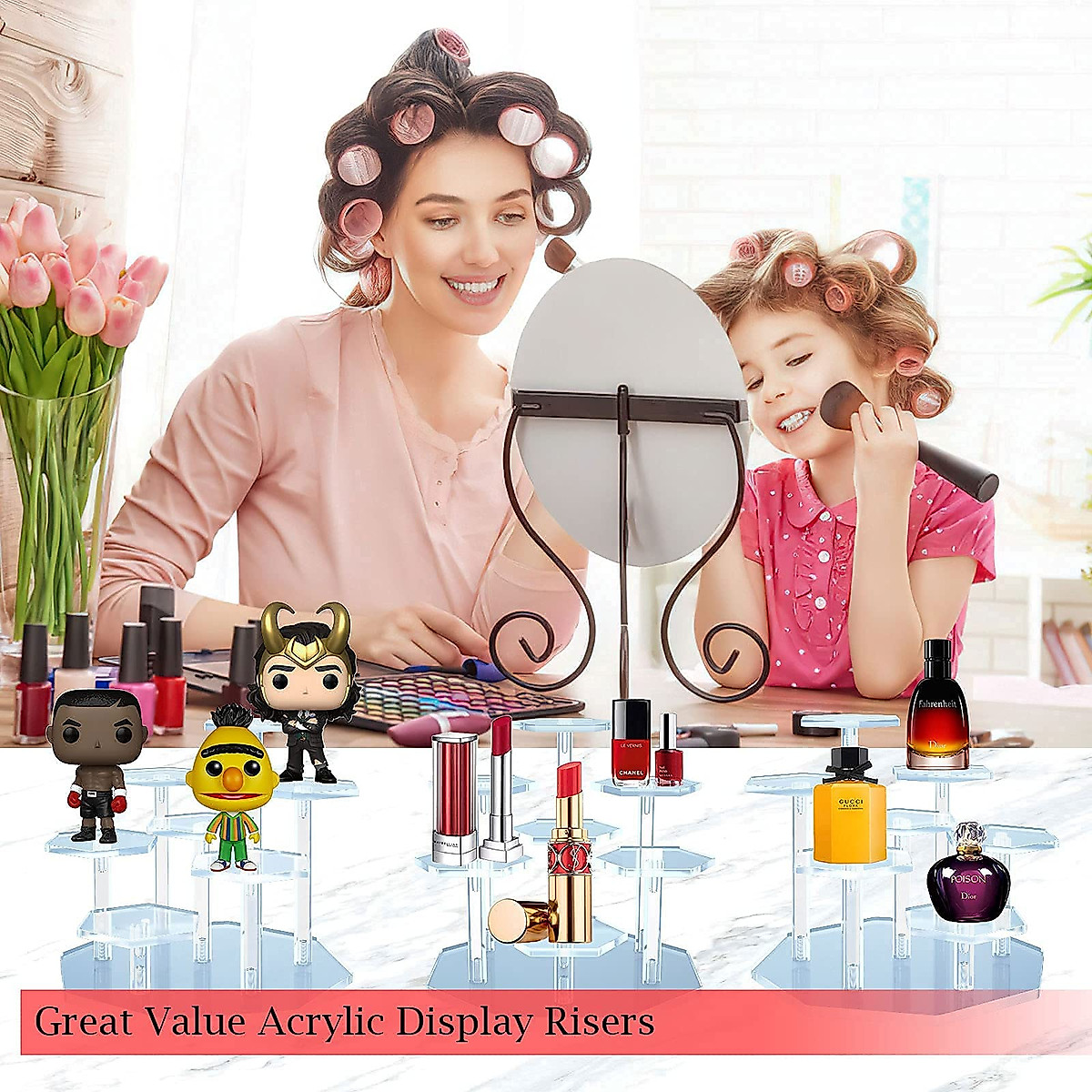 Acrylic Display Stand for Figures, Collectibles, Toys and Dolls, Jewelry, Action Figures Collection Organizer Holder, Cosmetic Items Display Risers, 7-Tier. (Clear)