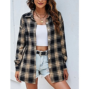 Mingzhu Oversized Button Down Plaid Flannel Shirts for Women Roll Up Long Sleeve Buffalo Blouse Top(0003-Khaki-S)