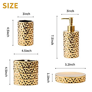 Gold Bathroom Accessory Sets 4 Piece Ceramic Gift Set Apartment Necessities,Includes Soap Dispenser, Toothbrush Holder, Toothbrush Cup, Soap Dish for Decorative Countertop and Housewarming Gift