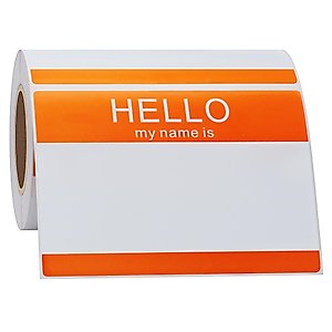 Hycodest Hello My Name is, Sticker Writing Stickers Easy Peel and Stick Badges Sensitive Name Tag 3.5"x2.35", 200 Pcs (Orange)