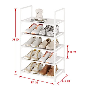 Vockot 5 Tier Stackable Small Shoe Rack，Narrow Sturdy Shoe Shelf Organizer, Non-Woven Fabric Metal Free Standing Shoe Racks for Entryway, Doorway and Closet（White）