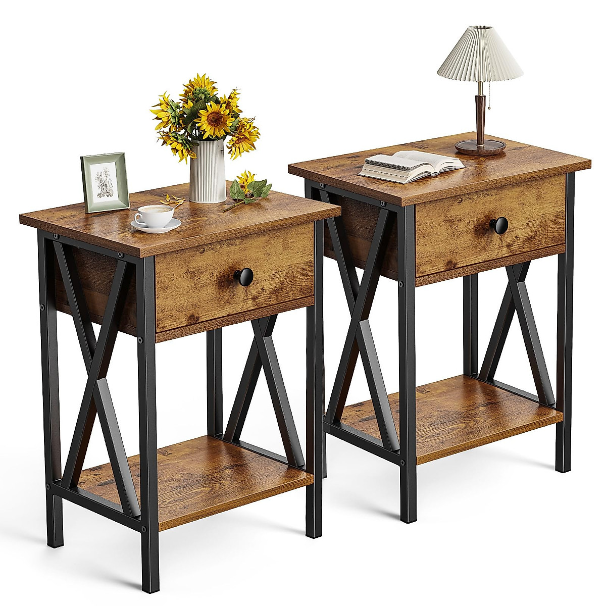 Nightstands Set of 2, Modern Bedside Tables End Table Set of 2 with Drawer and Storage Shelf, Side Tables X-Design Legs for Living Room Bedroom, Brown