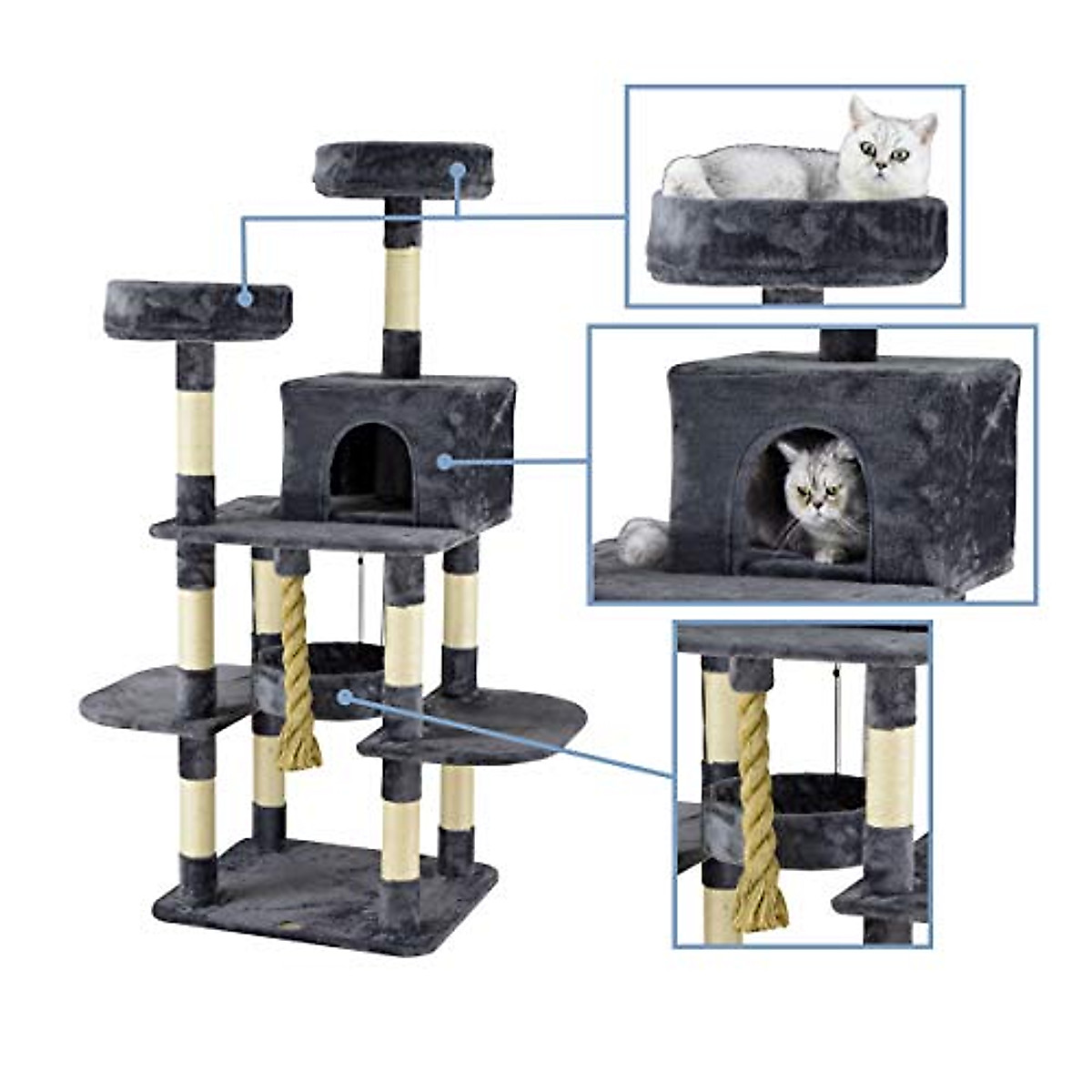 Go Pet Club 61.5" Jungle Rope Cat Tree Kitty Condo Tower House Furniture with Swing Bed for Indoor Cats, Slate Gray