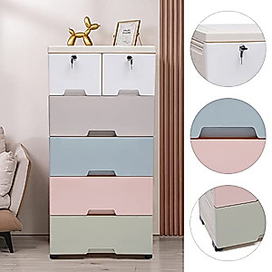 DNYSYSJ 5-Tiers Plastic Drawers Dresser,Macaron Color Closet Drawers Tall Dresser Organizer with 6 Drawers & 2 Locks,Easy Pull Closet Clothes File Toys Organizer Unit Storage Cabinet for Clothing