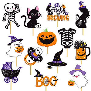 A Baby is Brewing Halloween Centerpiece Sticks 17Pcs Halloween Baby Shower Decorations Baby Brewing Little Boo Party Table Topper Decorations for Halloween Pregnancy Gender Reveal Party Supplies