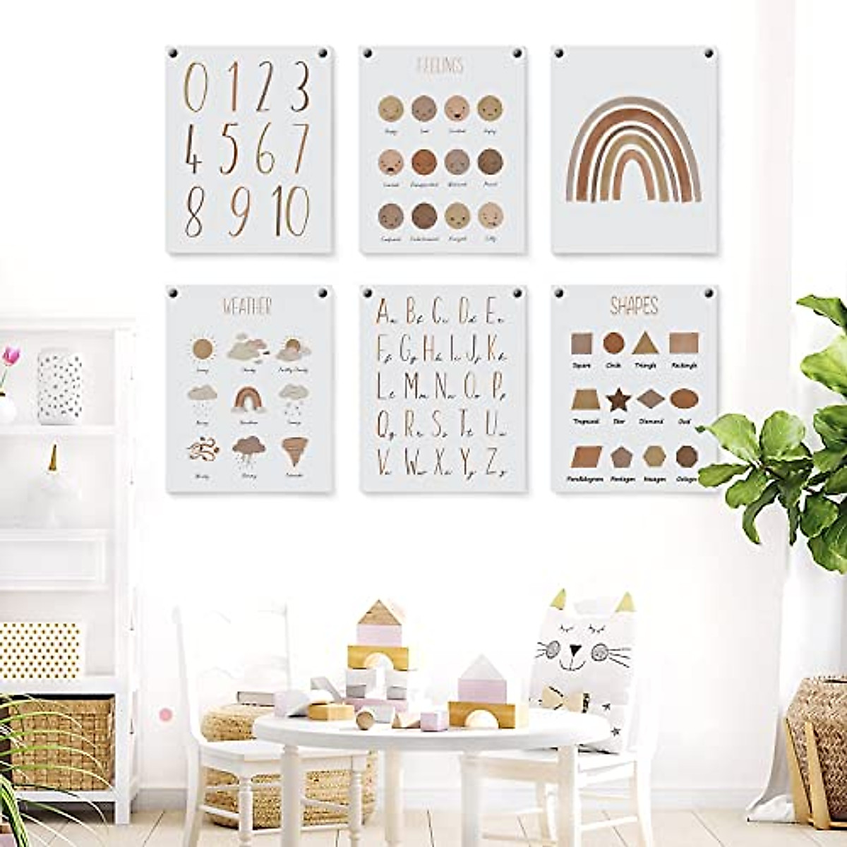 LIYAOLI Alphabet Poster for Toddlers Wall Art Print Boho Rainbow Wall Decor Numbers Weather Abc Poster 11 x 14 inch Set of 6 Unframed for Classroom Kids Nursery Playroom Neutral Wall Decor