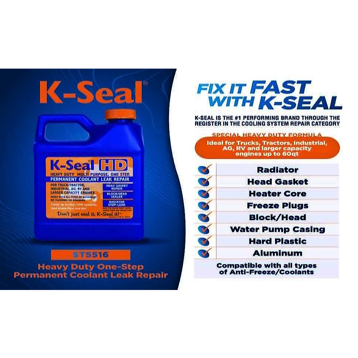 K-Seal ST5516 Heavy-Duty Multi-Purpose One Step Permanent Coolant Leak Repair, 8oz, Pour and Go, Mixes with All Antifreeze, No Flushing Required