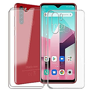 Phone Case for Blackview A80 Plus (6.49"), with [2 x Tempered Glass Protective Film], KJYF Clear Soft TPU Shell Ultra-Thin [Anti-Scratch] [Anti-Yellow] Case for Blackview A80 Plus - Transparent