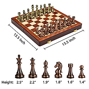 Chess Set for Adult and Kid, 13.5" Folding Wooden Chess Board with Zinc Alloy Metal Chess Pieces, Portable Travel Chess Board Game