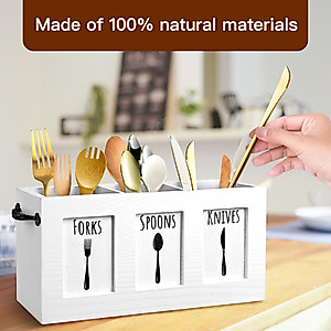 MINCORD Wood Flatware Organizer, Rustic Utensil & Silverware Holder for Forks, Spoons, Knives, Farmhouse Kitchen Cutlery Caddy Bin Countertop - White