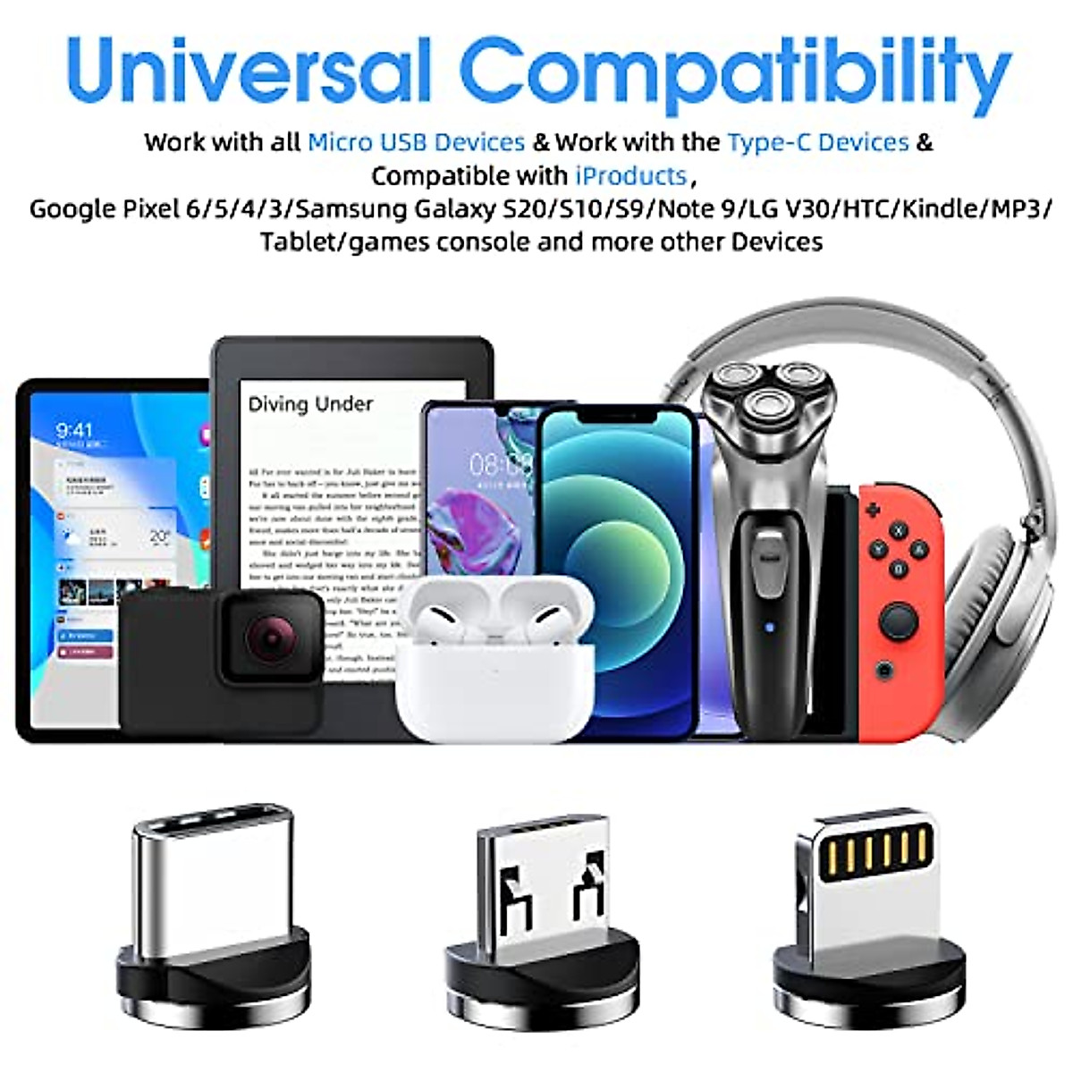 Magnetic Charging Cable [5-Pack,3/3/6/10/10FT] 3 in 1 Magnetic Phone Charger 360°&180° Rotating Magnetic Charger Cable with LED Light Nylon Braided Cord for Micro-USB, USB C and i-Product Device-Black